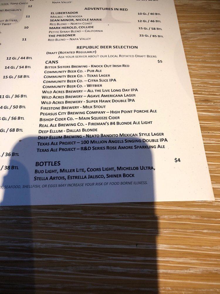 Menu at Republic Texas Tavern, Dallas, Inwood Rd Ste 170