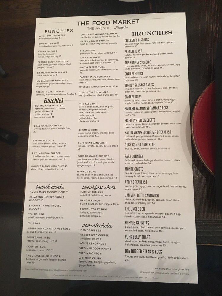 Menu at The Food Market restaurant, Baltimore