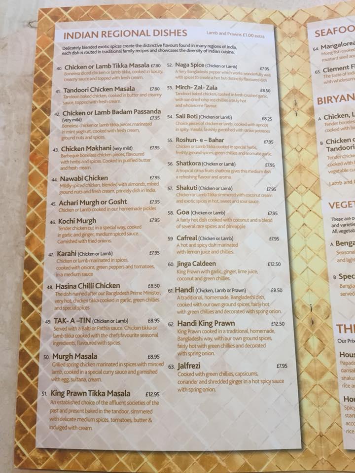 Menu at The Golden curry restaurant, The Mumbles