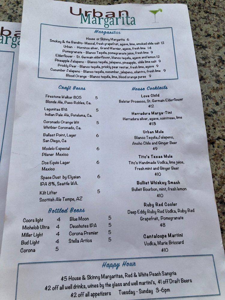 Menu at Urban Agave restaurant, Glendale