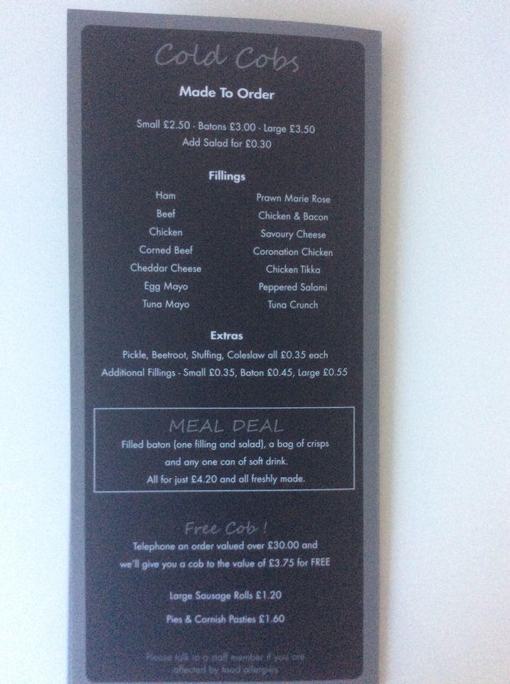 Menu at Wayfarer Cafe, Derby