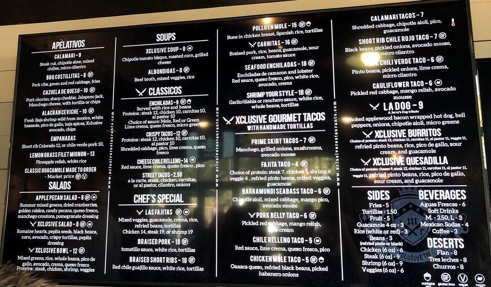 Menu at Xclusive Taqueria Moderna restaurant, Ladera Ranch