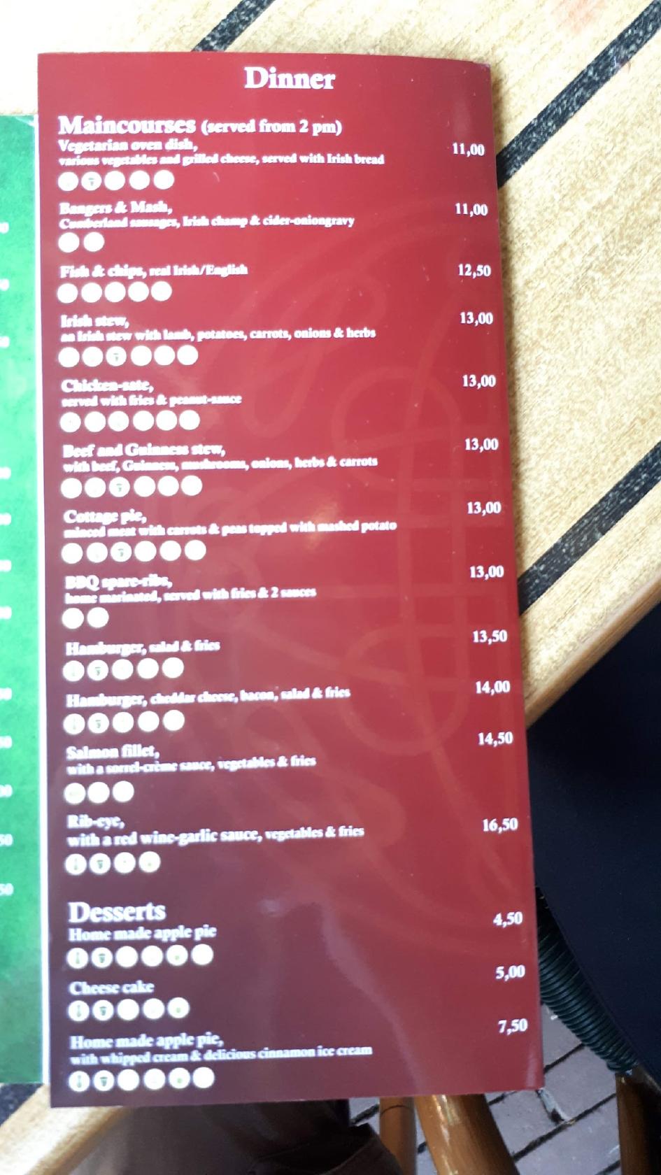 Menu at Aran Irish Pub, Amsterdam