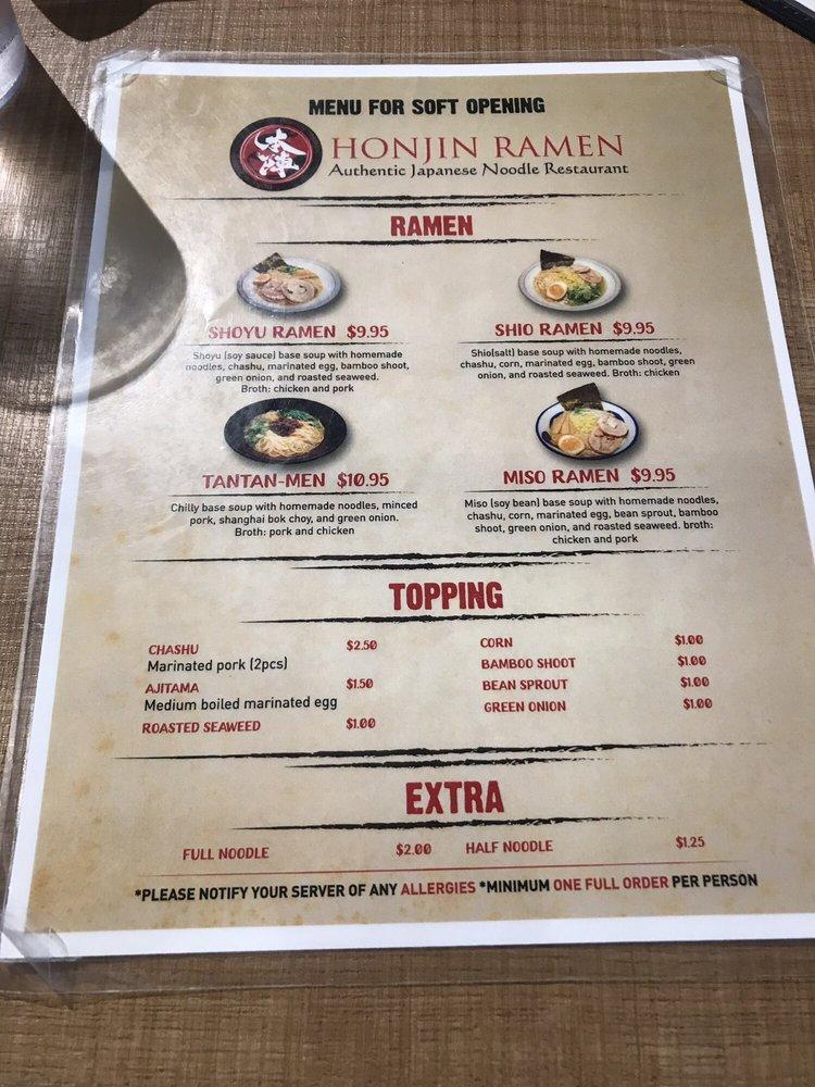 Menu at Honjin Ramen restaurant, Coquitlam