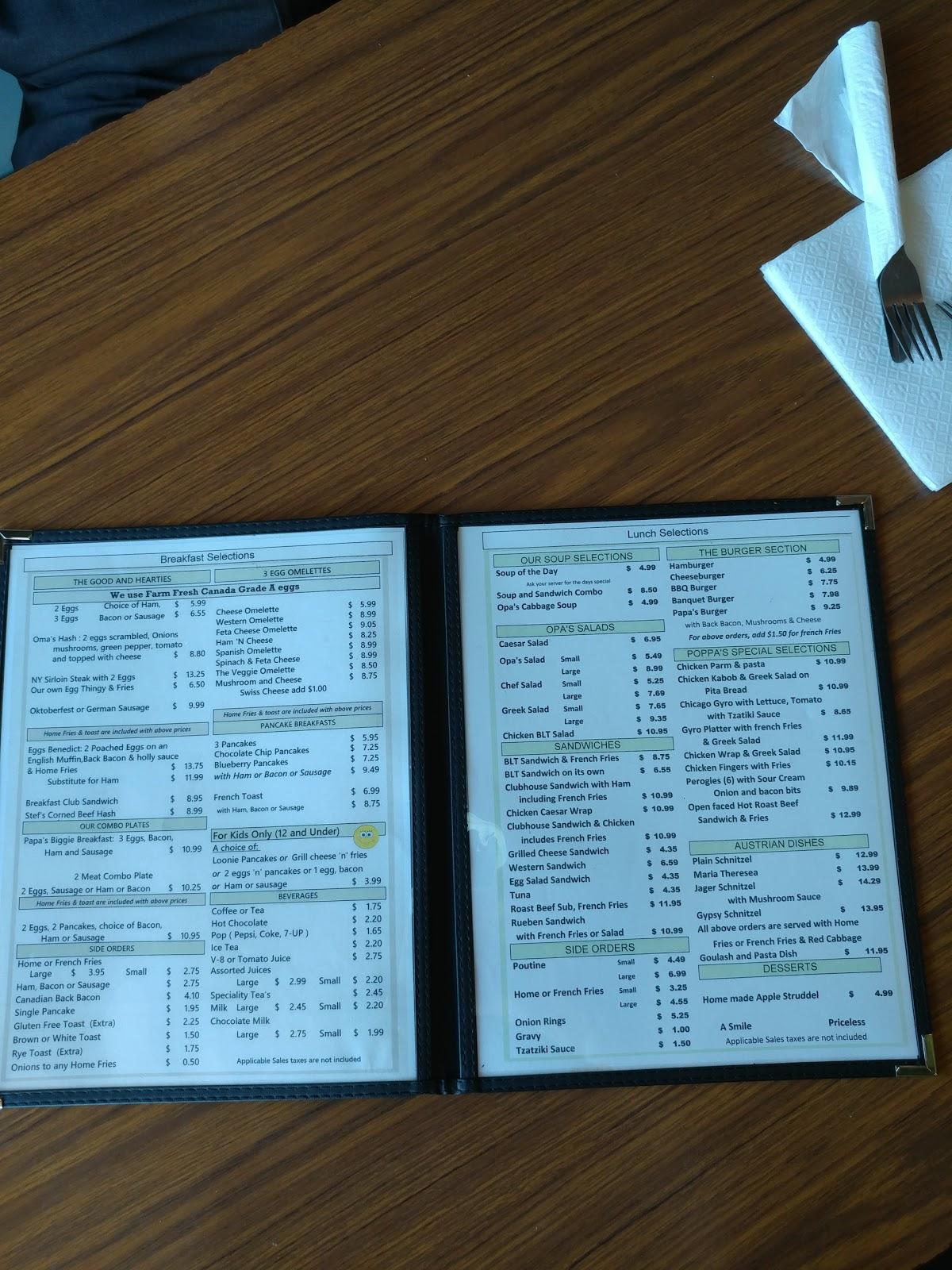 Menu at Opa & Oma's Diner restaurant, St. Catharines