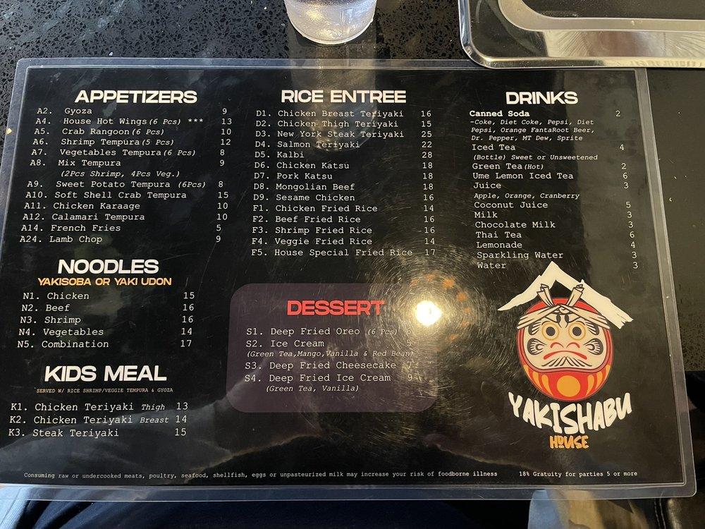 Menu at Yakishabu Sushi House BBQ, Anchorage
