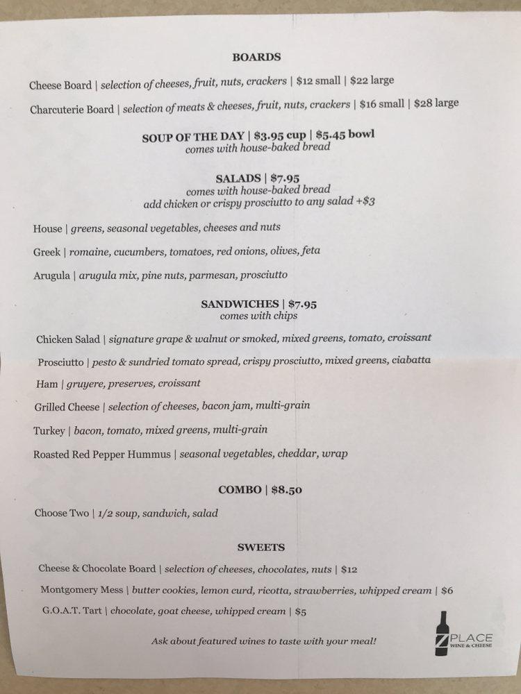 Menu at Z Place for Wine pub & bar, Montgomery