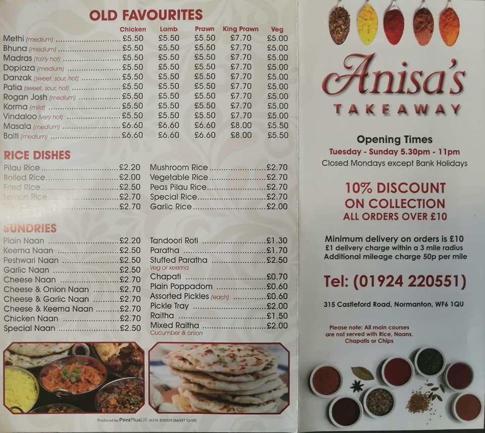 Menu at Anisa's Takeaway restaurant, Normanton