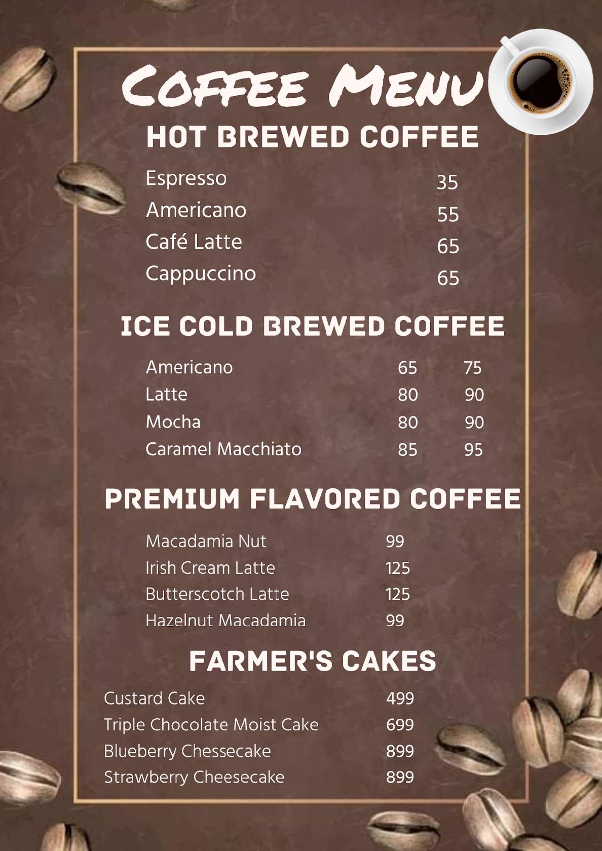 Menu at Farmer's Café / Téabulac cafe, San Jose City