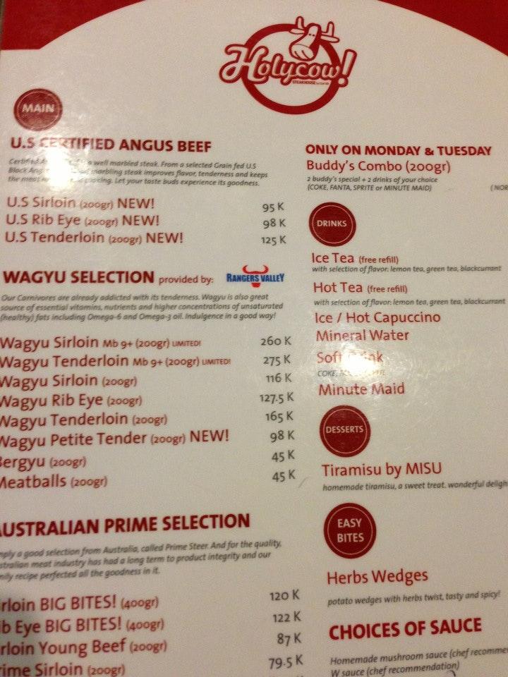 Menu at Holycow steakhouse, Jakarta, Jl. Panjang Arteri Klp. Dua No.18