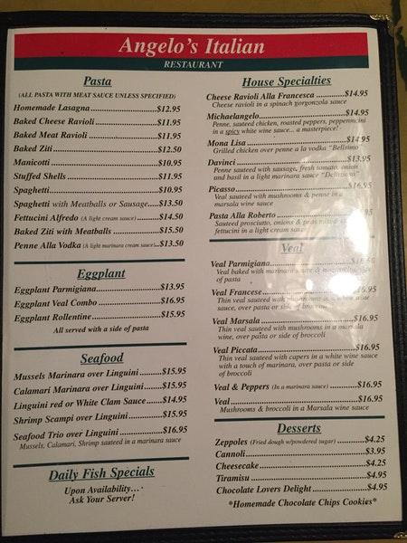 Menu at Angelo's Italian Restaurant, Jupiter
