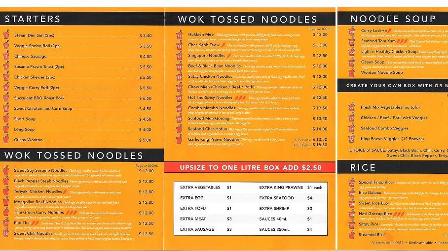 Menu at Nudelicious fast food, South Morang