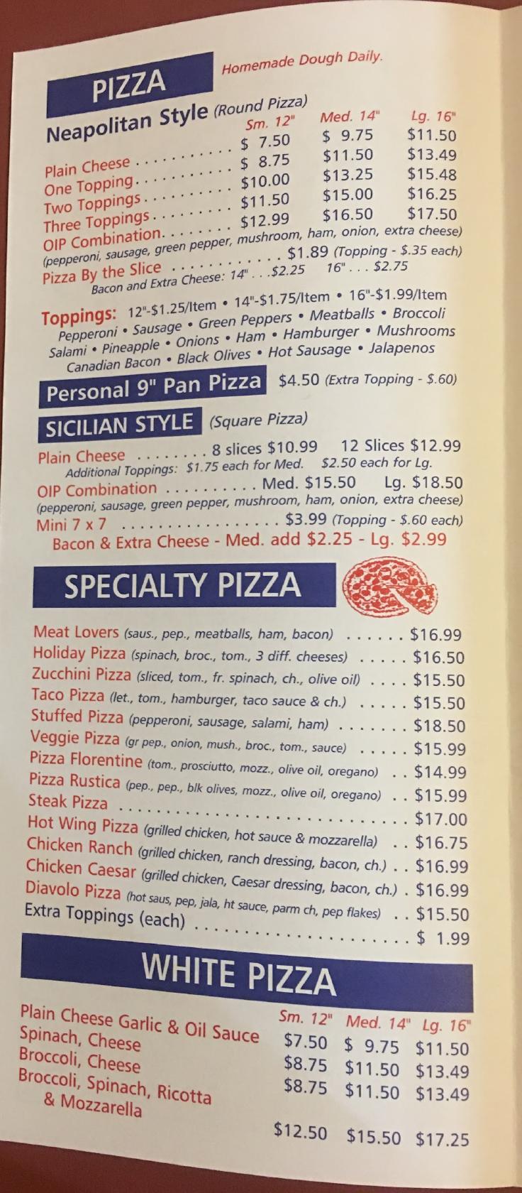 Menu at Original Italian Pizza pizzeria, Pine Grove