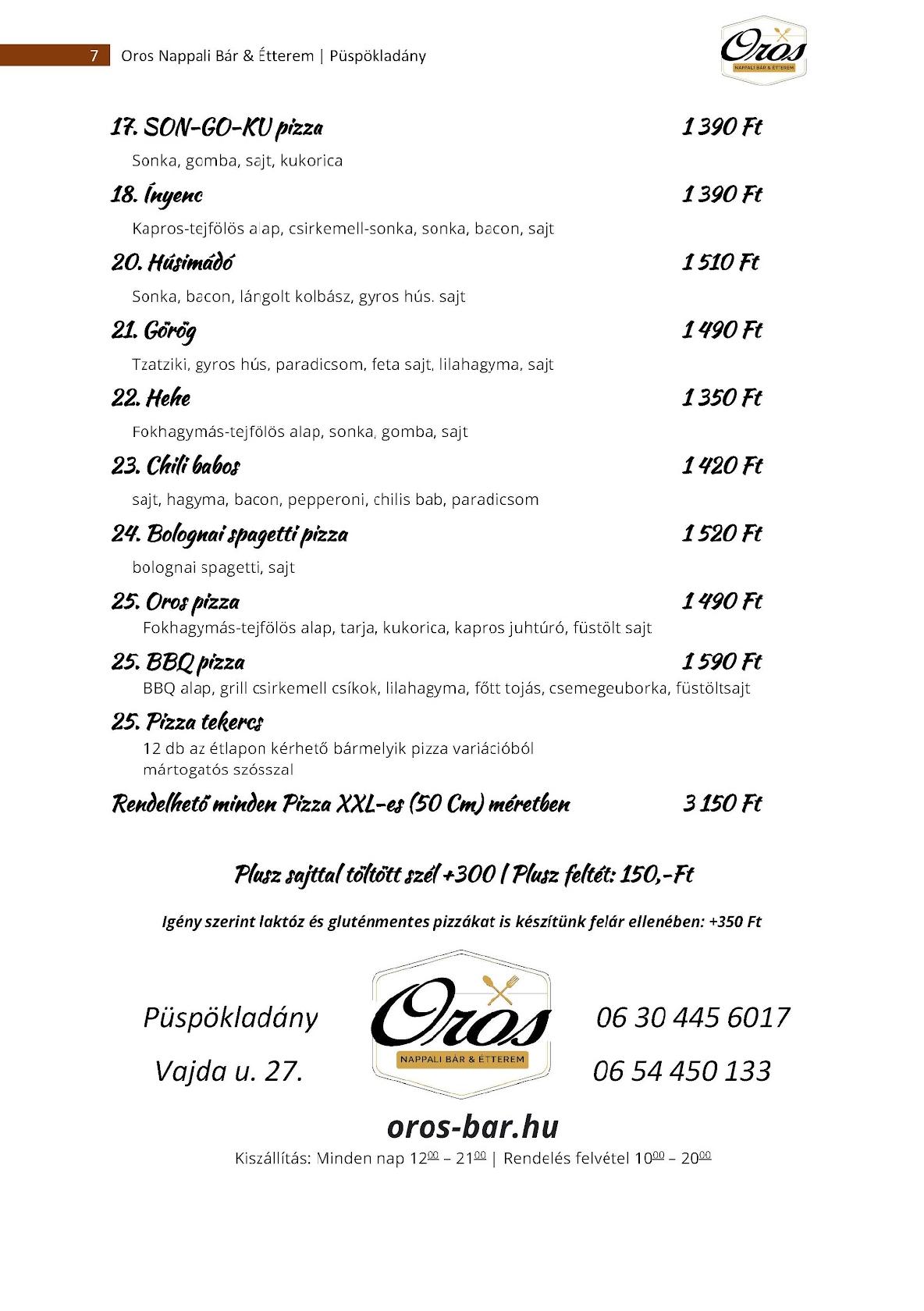 Menu at Oros Nappali Bár és Étterem restaurant, Püspökladány