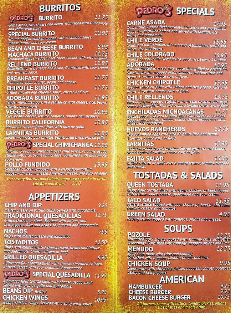 Menu at Pedro's Mexican Grill restaurant, Anchorage