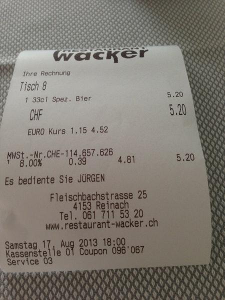 Speisekarte von Restaurant Wacker, Reinach, Fleischbachstrasse 25