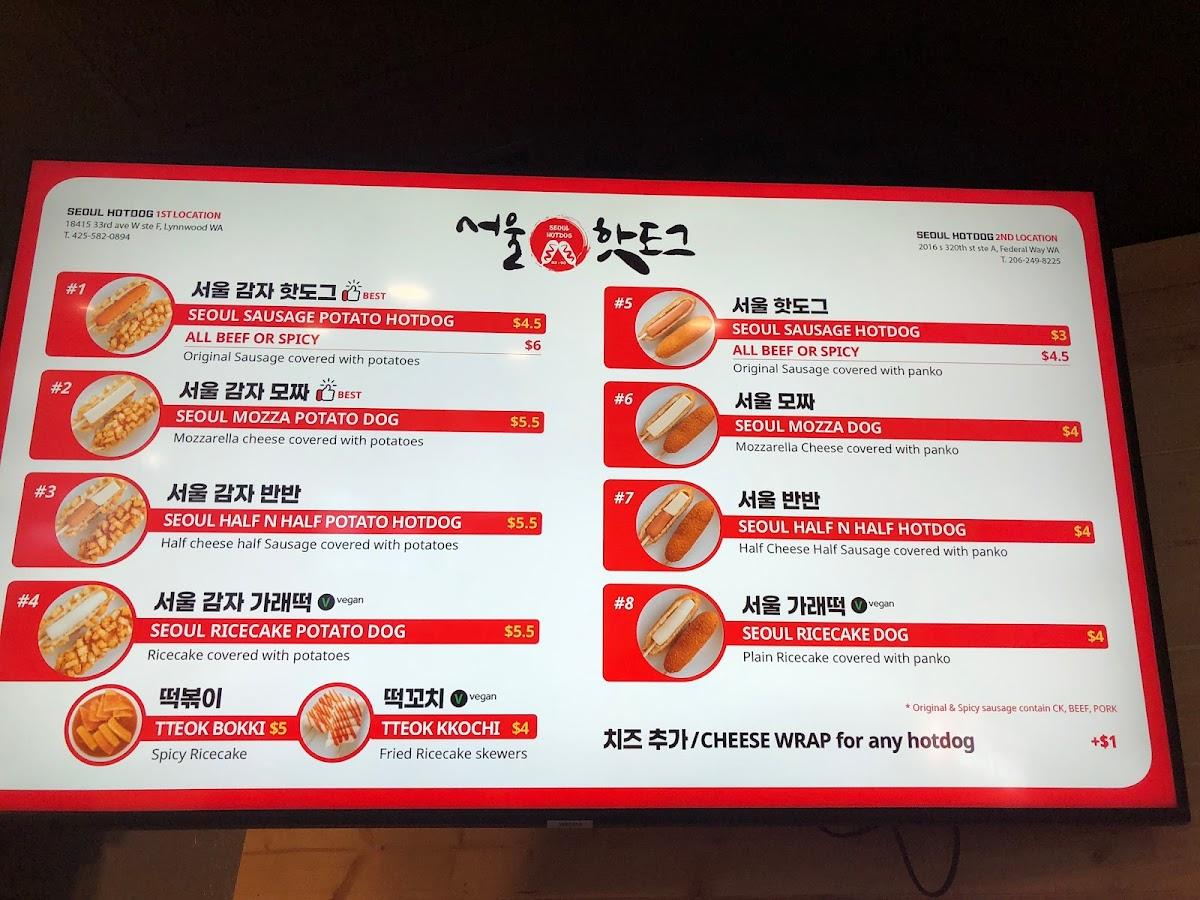 Menu at Seoul Hotdog fast food, Lynnwood