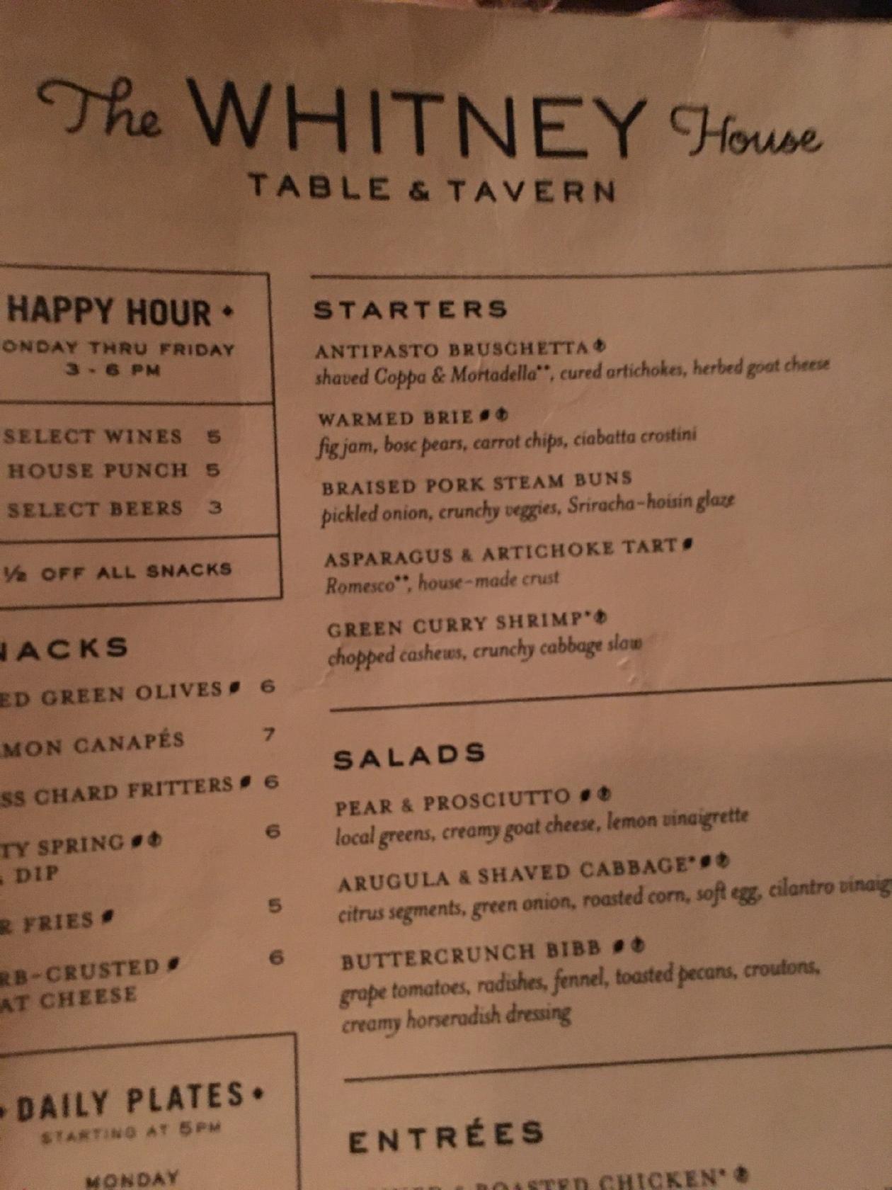 Menu at The Whitney House restaurant, Worthington