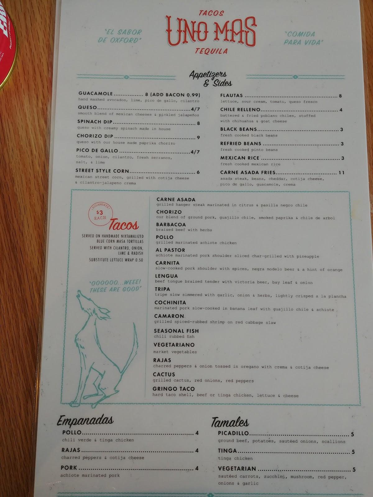 Menu at Uno Mas Tacos y Tequila pub & bar, Oxford, 206 S Lamar Ct