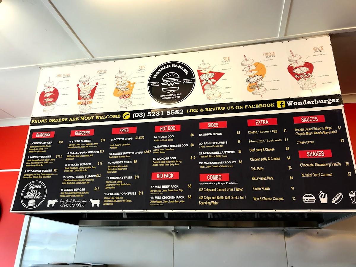 Menu at Wonder Burger restaurant, Colac