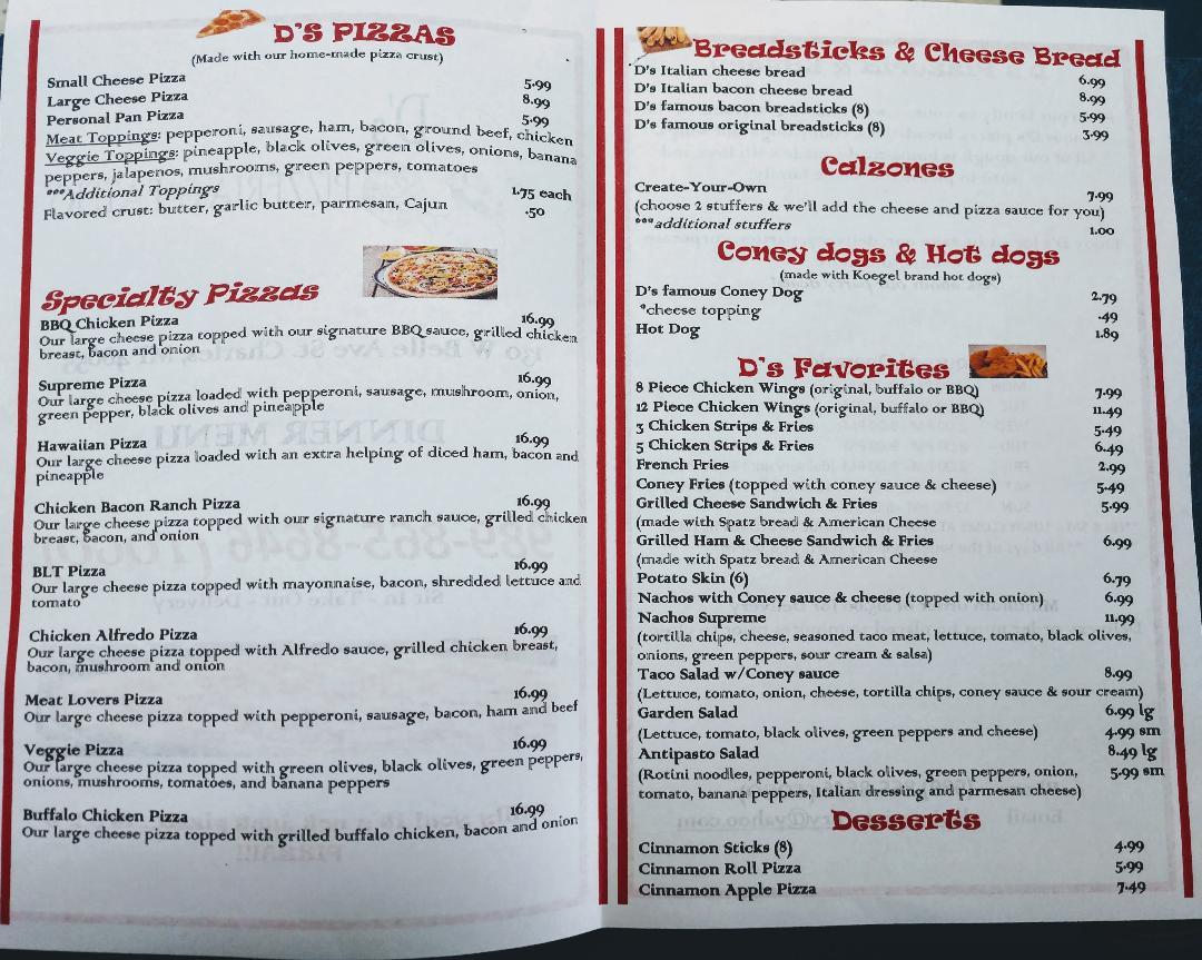 Menu at D's Pizzeria & Eatery, Saint Charles