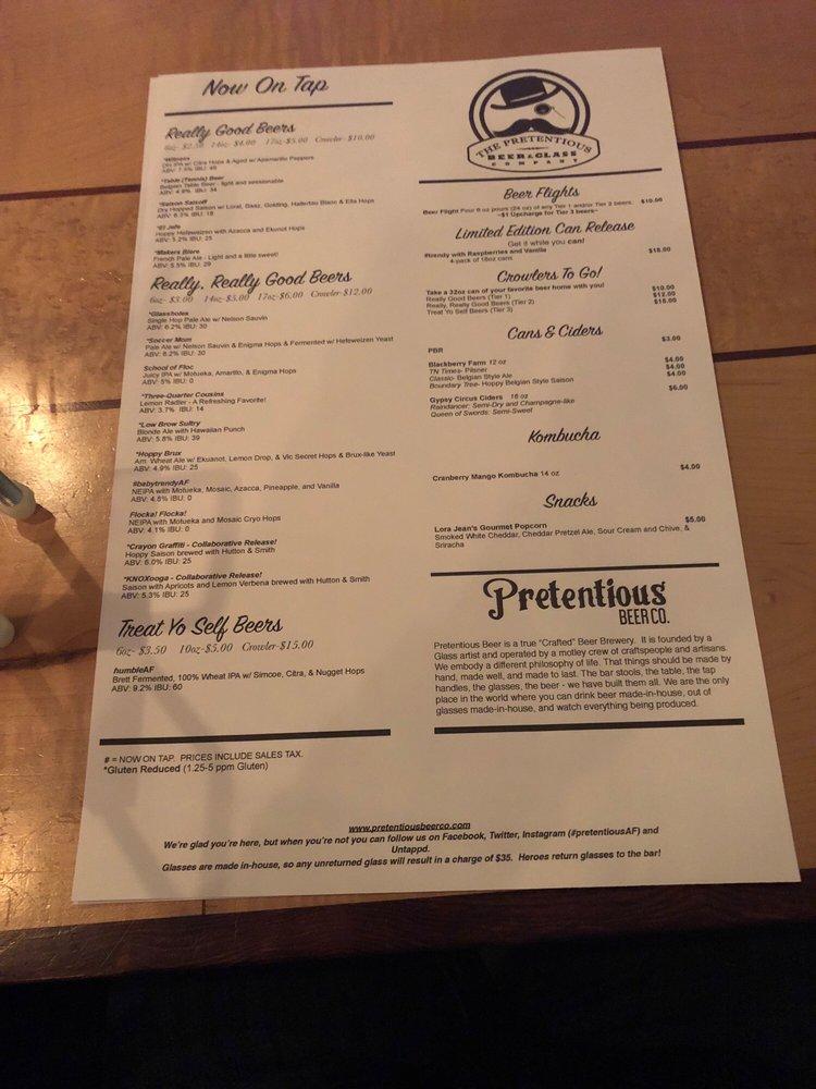 Menu at Pretentious Beer Co pub & bar, Knoxville