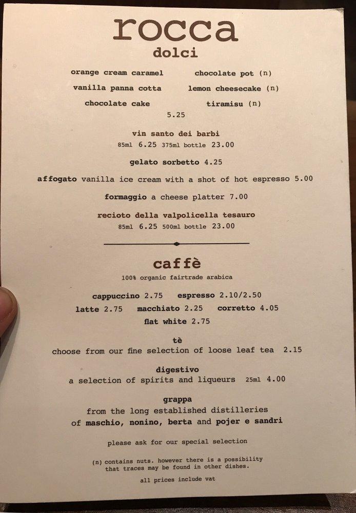 Menu at Rocca restaurant, London, 73 Old Brompton Rd