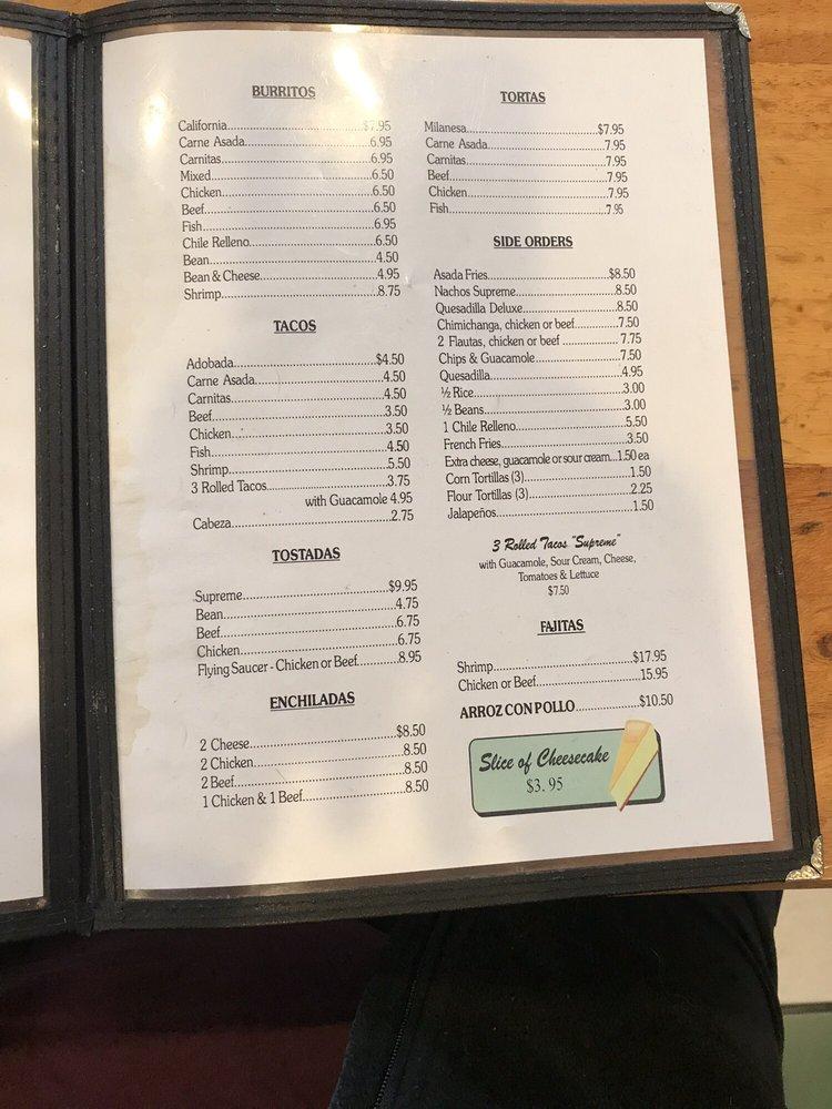 Menu at Rosa's Mexican Food restaurant, Fallbrook