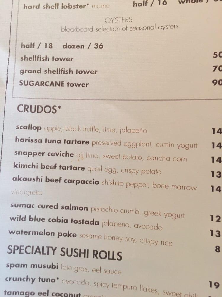 Menu at Sugarcane restaurant, Miami