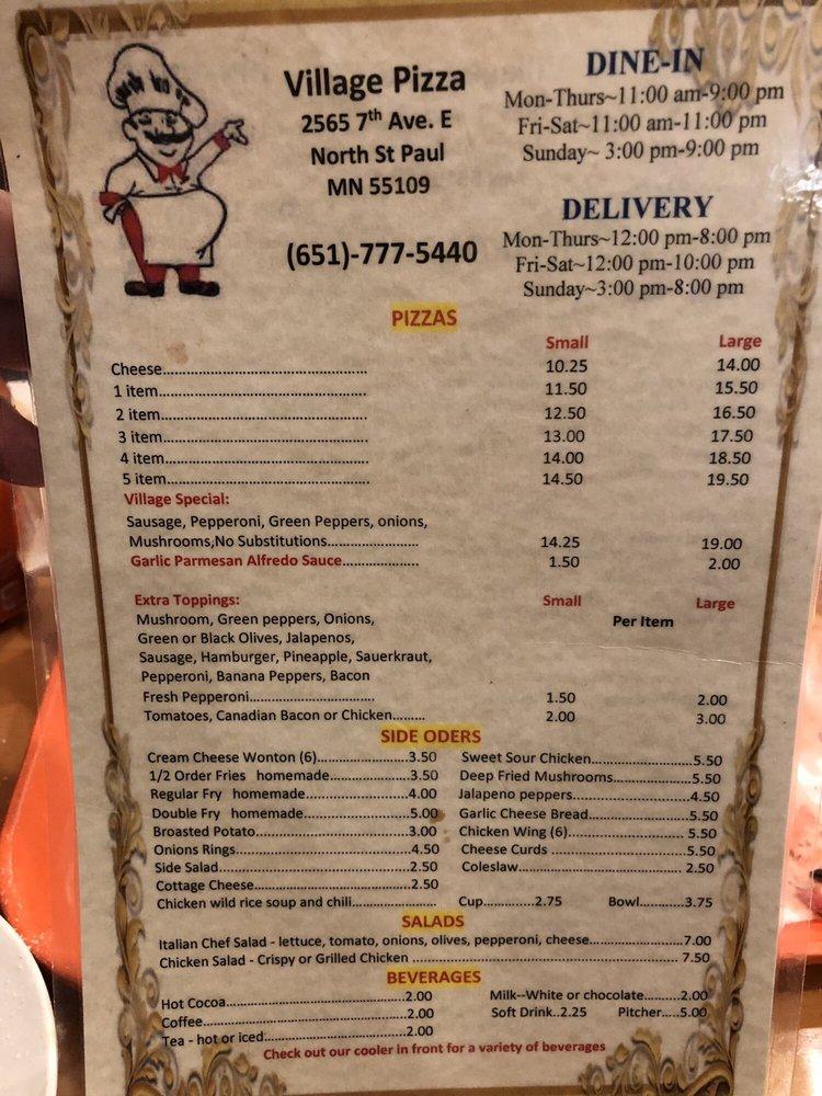Menu at Village Pizza pizzeria, North Saint Paul
