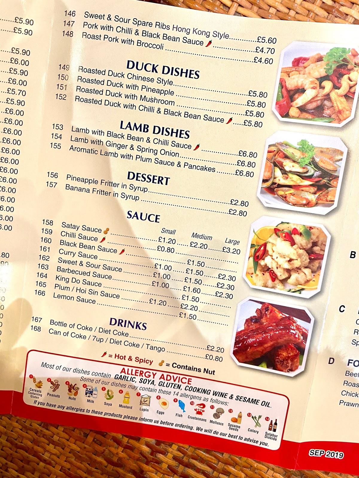 Menu at Yong’s Chinese Take-Away restaurant, Dagenham, East