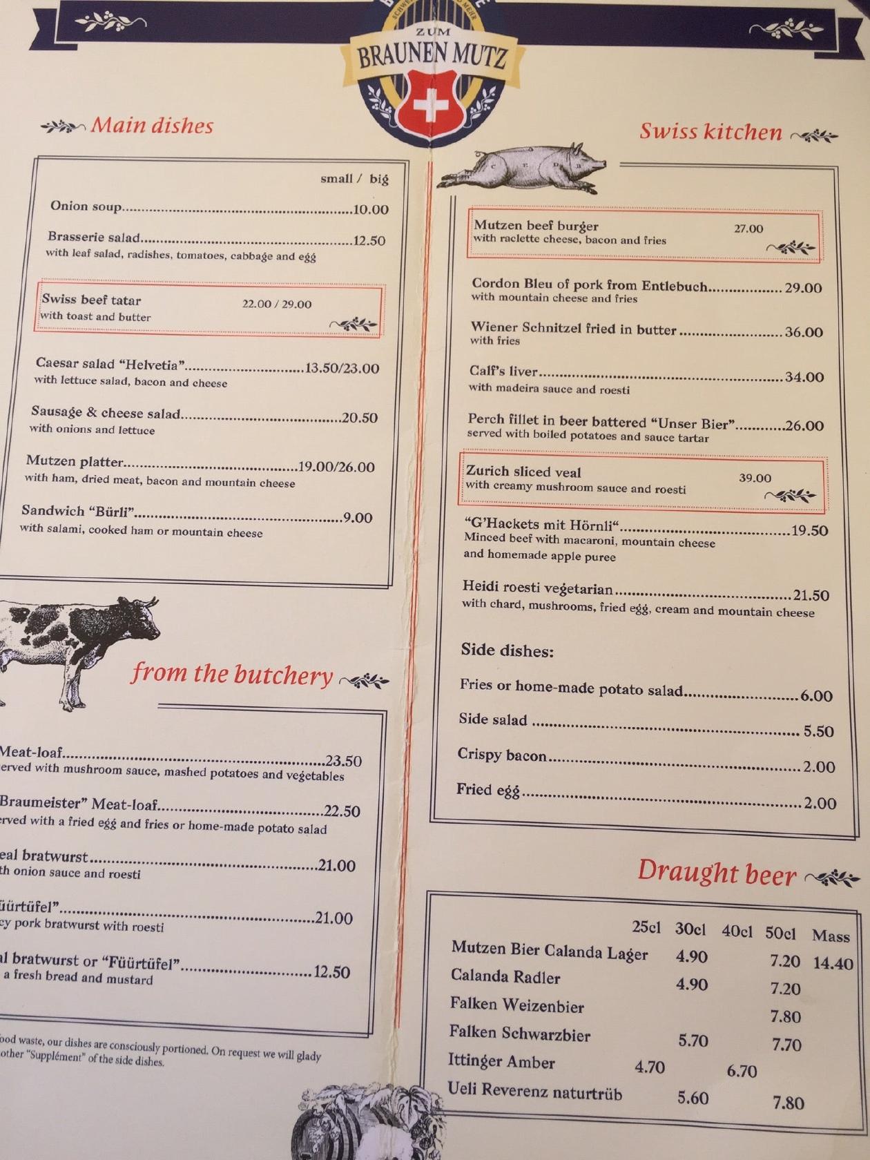 Speisekarte von Brasserie Zum Braunen Mutz, Basel, Barfüsserpl. 10