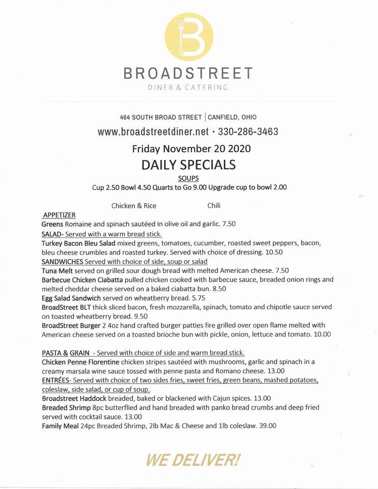Menu at Broad Street Carryout & Catering restaurant, Canfield