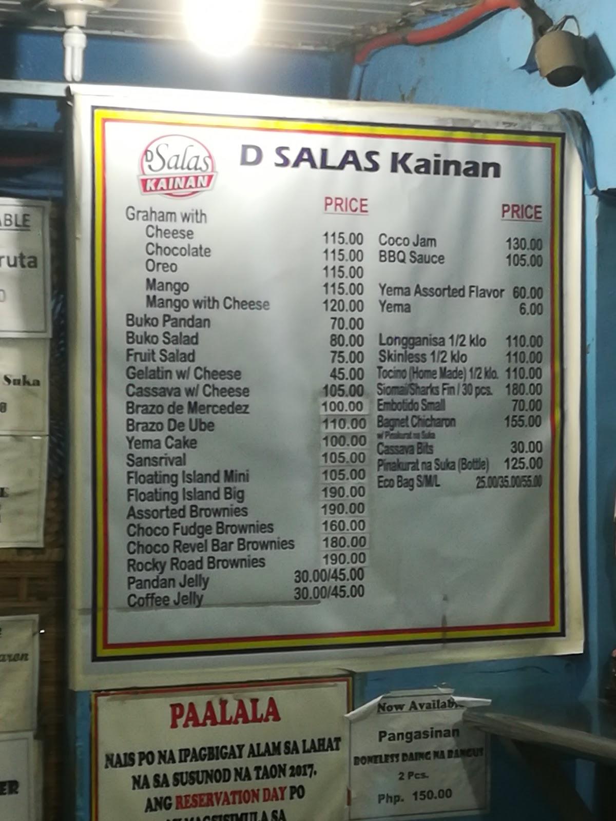 Menu at D Salas Kainan desserts, Manila
