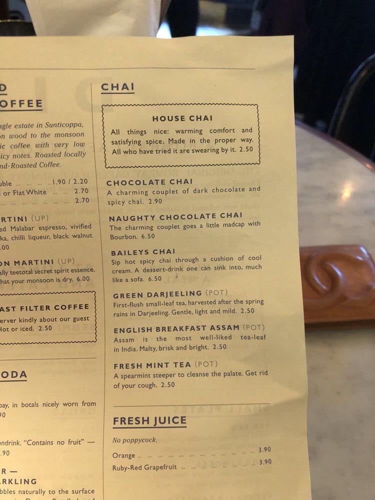 Menu at Dishoom restaurant, London, 12 Upper St Martin's Ln