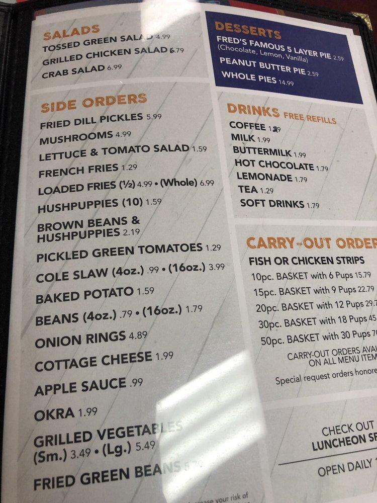 Menu at Fred's Fish House restaurant, Mammoth Spring