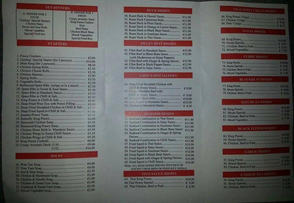Menu at Genting Chinese Restaurant, Bandon