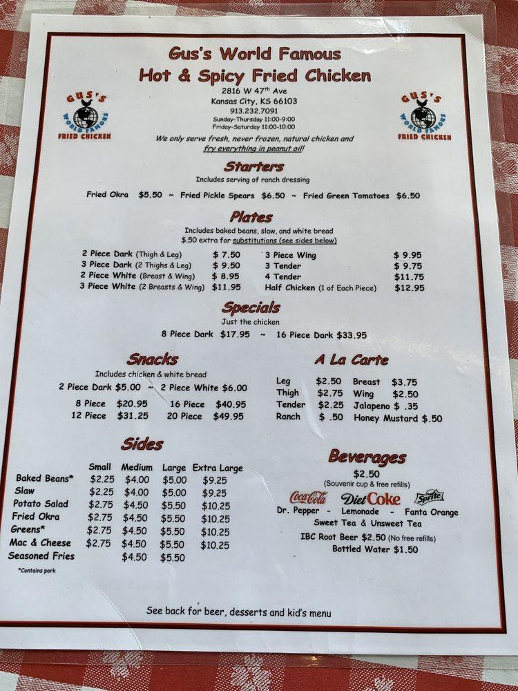 Menu at Gus's World Famous Fried Chicken restaurant, Kansas City