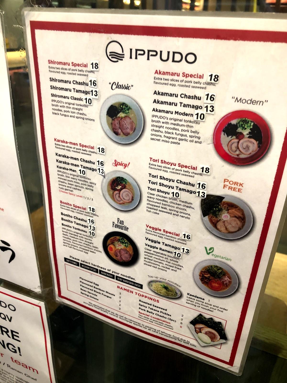 Menu at IPPUDO QV restaurant, Melbourne