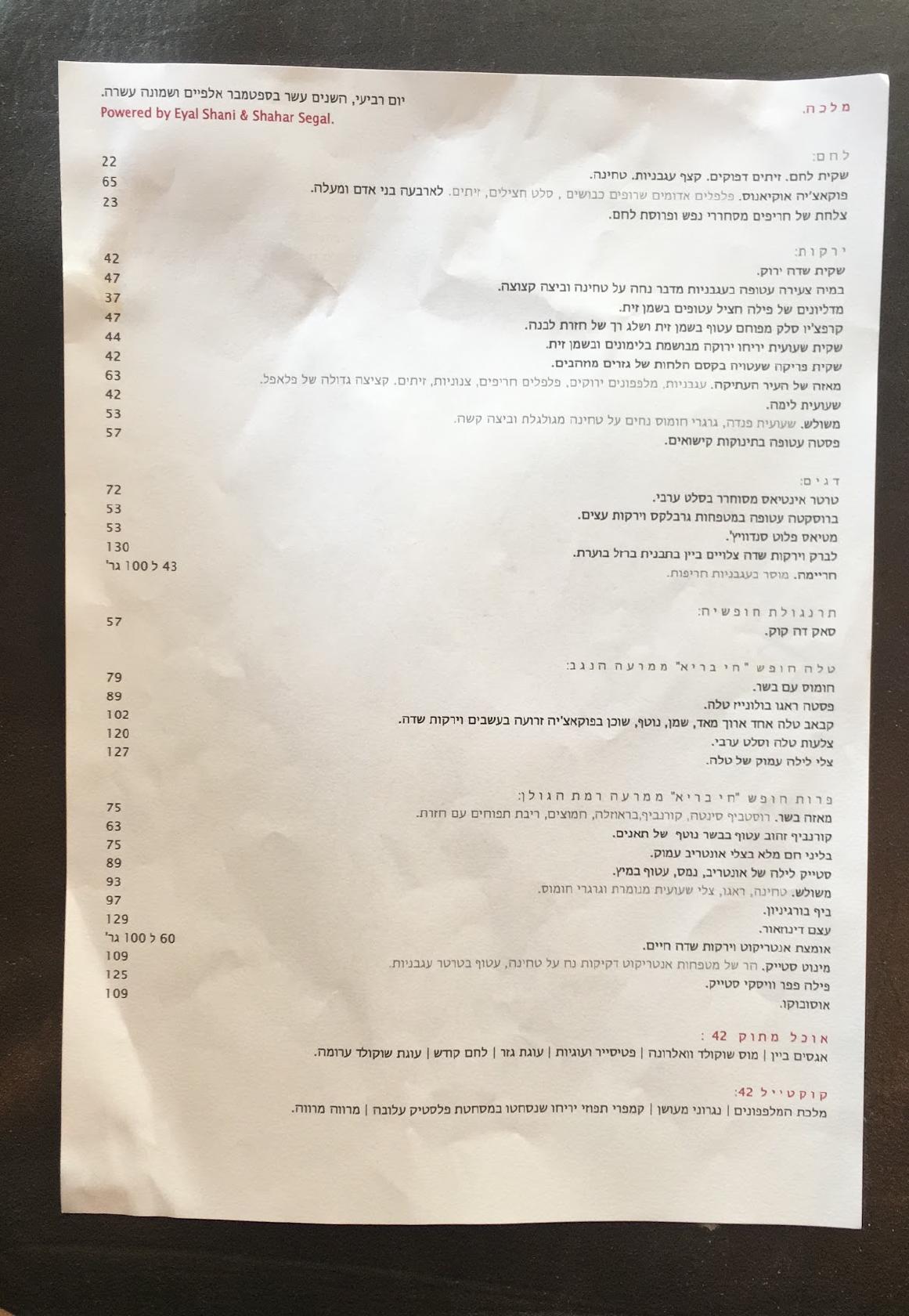 Menu at Malka by Eyal Shani restaurant, Tel Aviv-Yafo, Dafna St 2