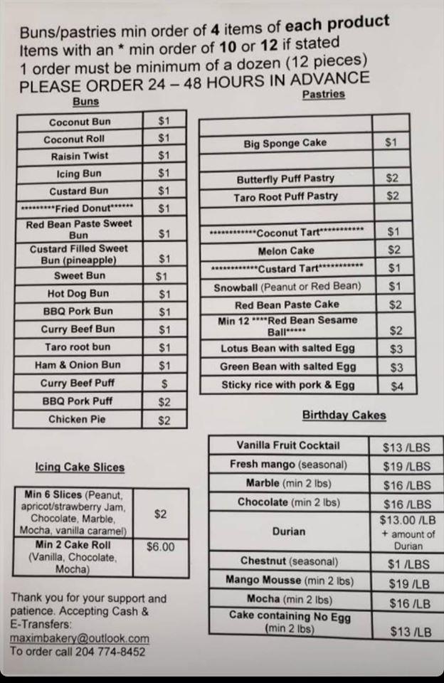 Menu at Maxim Bakery & Pastries, Winnipeg