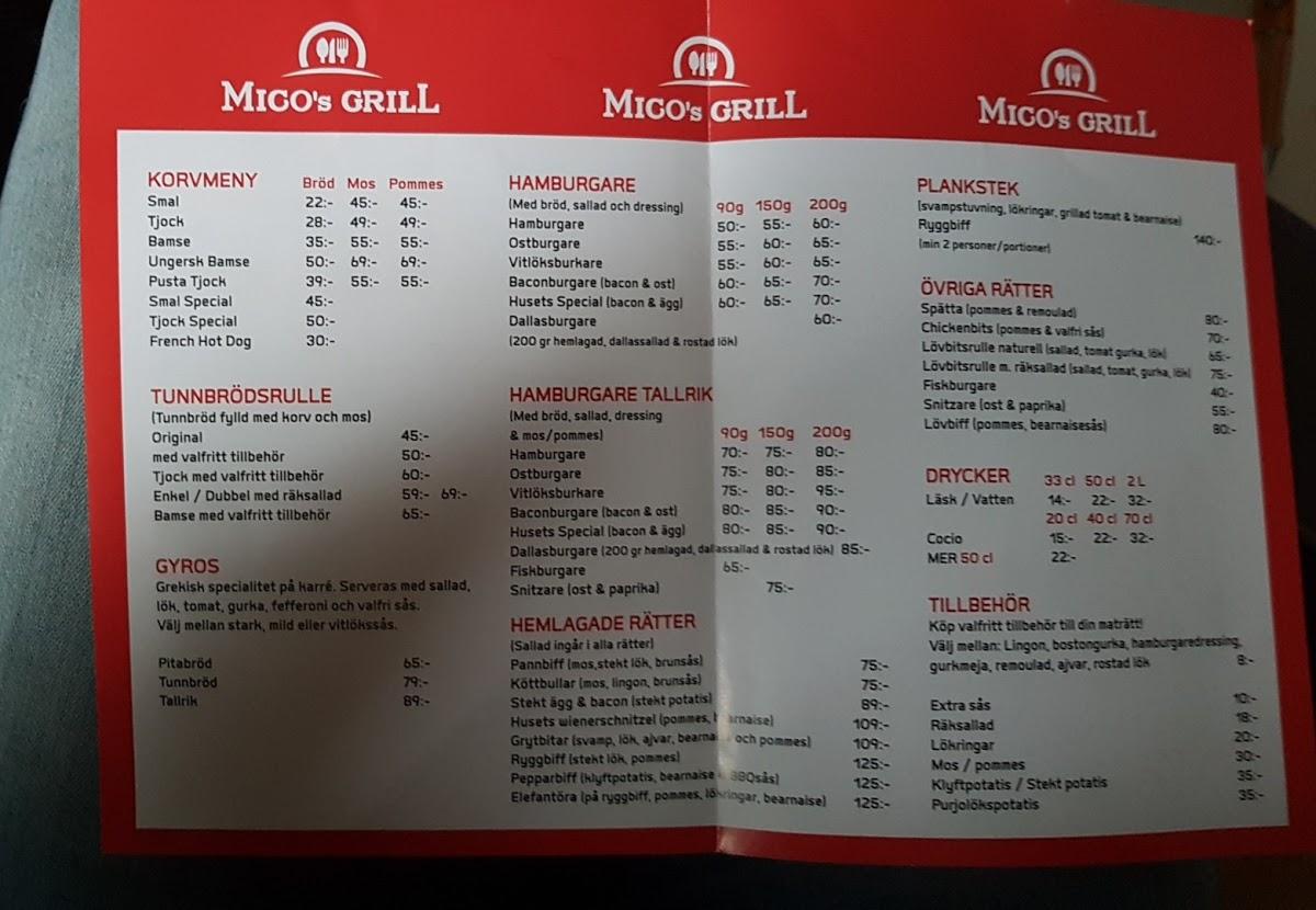 Menu at Mico's Grill restaurant, Kävlinge