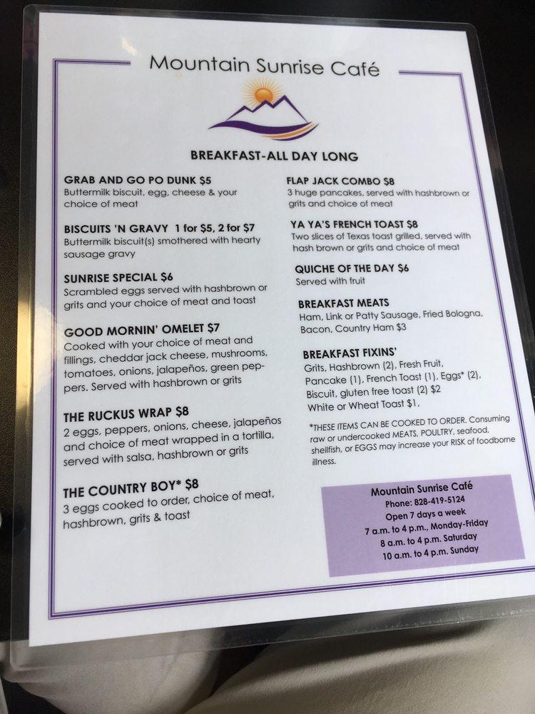 Menu at Mountain Sunrise Café cafe, Black Mountain