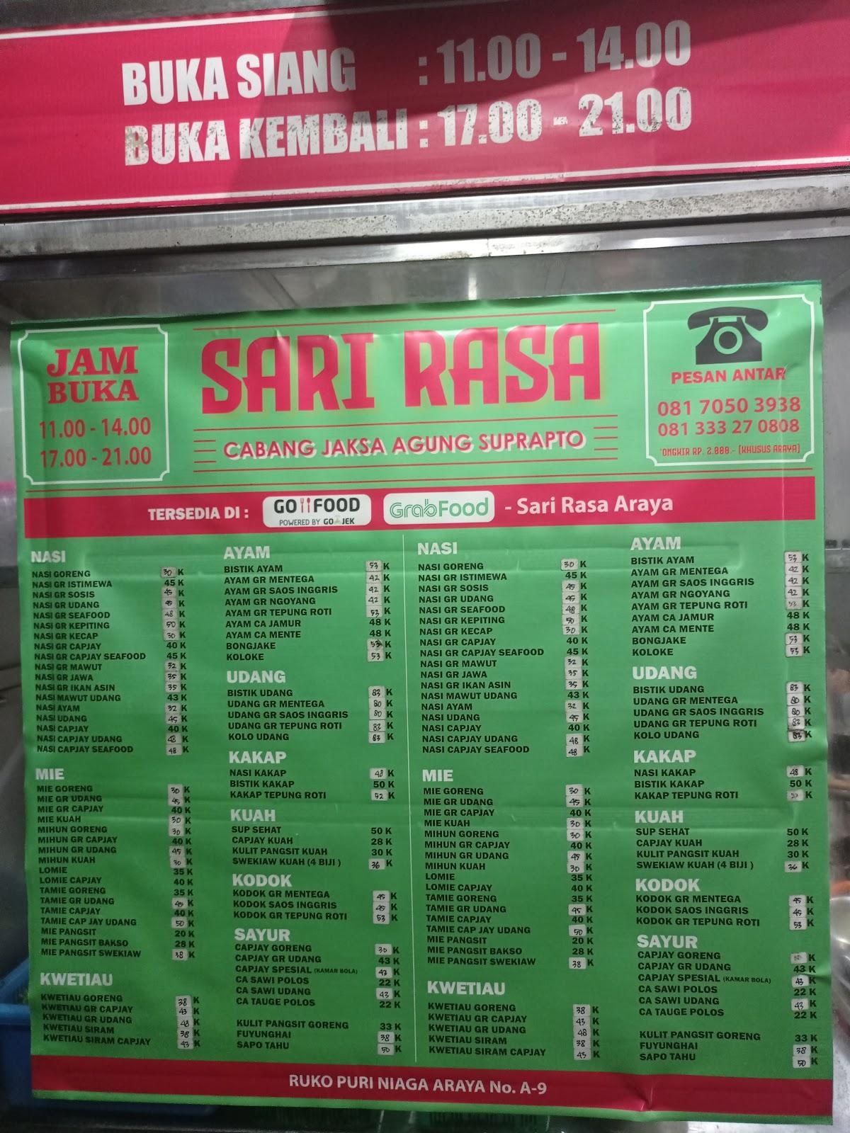 Carta del restaurante Sari Rasa Araya, Malang