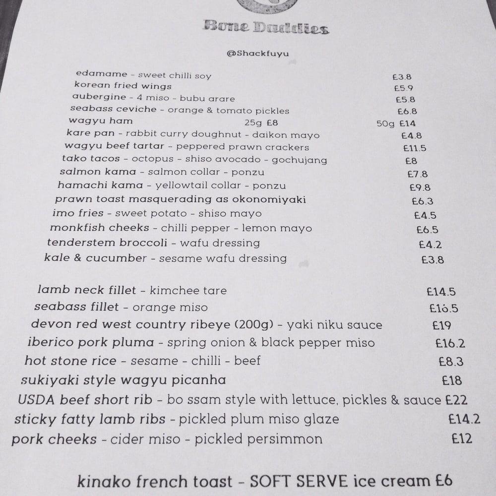 Menu at Shack-Fuyu Soho restaurant, London