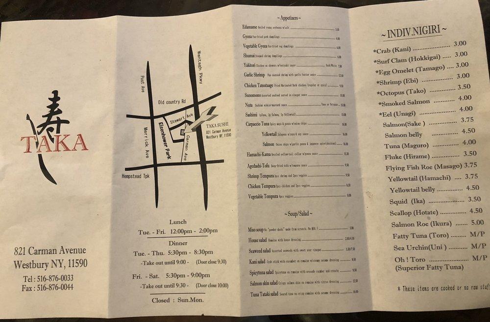 Menu at Taka Sushi restaurant, Westbury