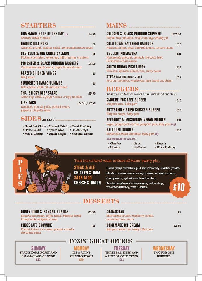 Menu at The Smokin' Fox pub & bar, Glasgow