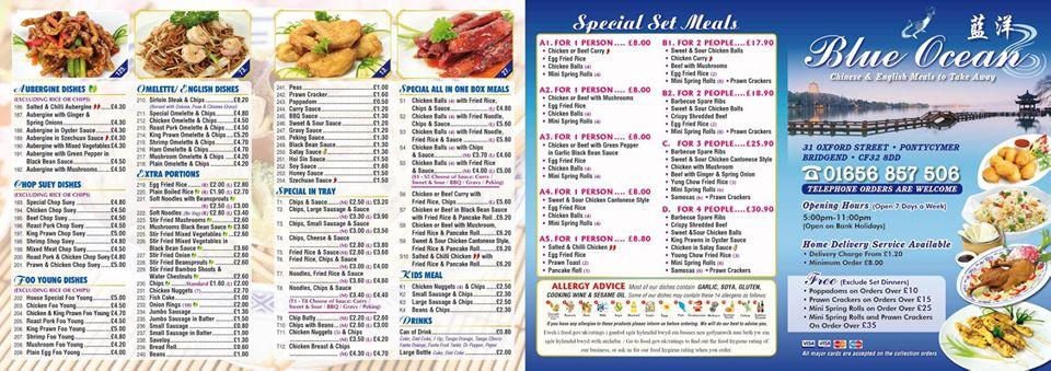 Menu at Blue Ocean Cantonese restaurant, Pontycymer