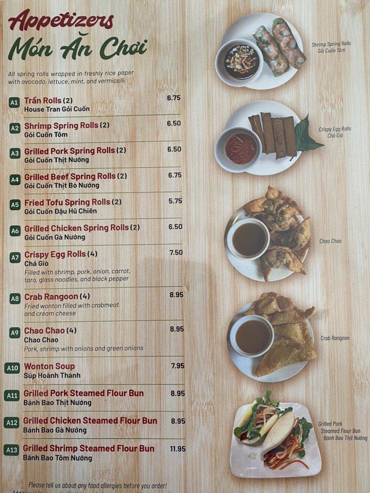 Menu at Pho Tran restaurant, New Orleans