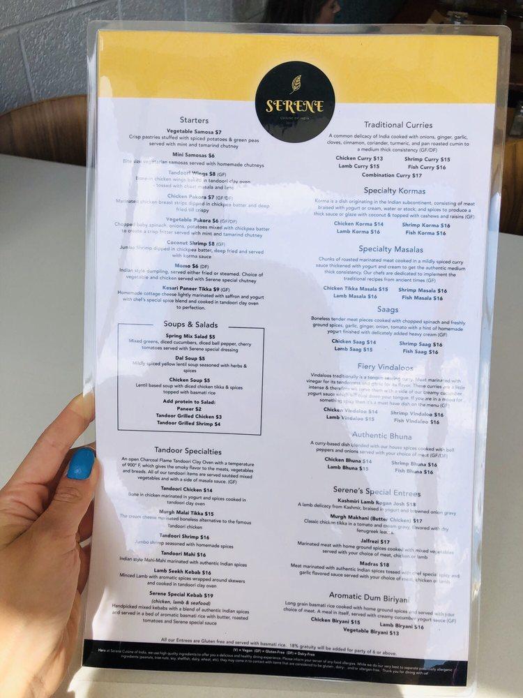 Menu at Serene Cuisine of India pub & bar, Denver